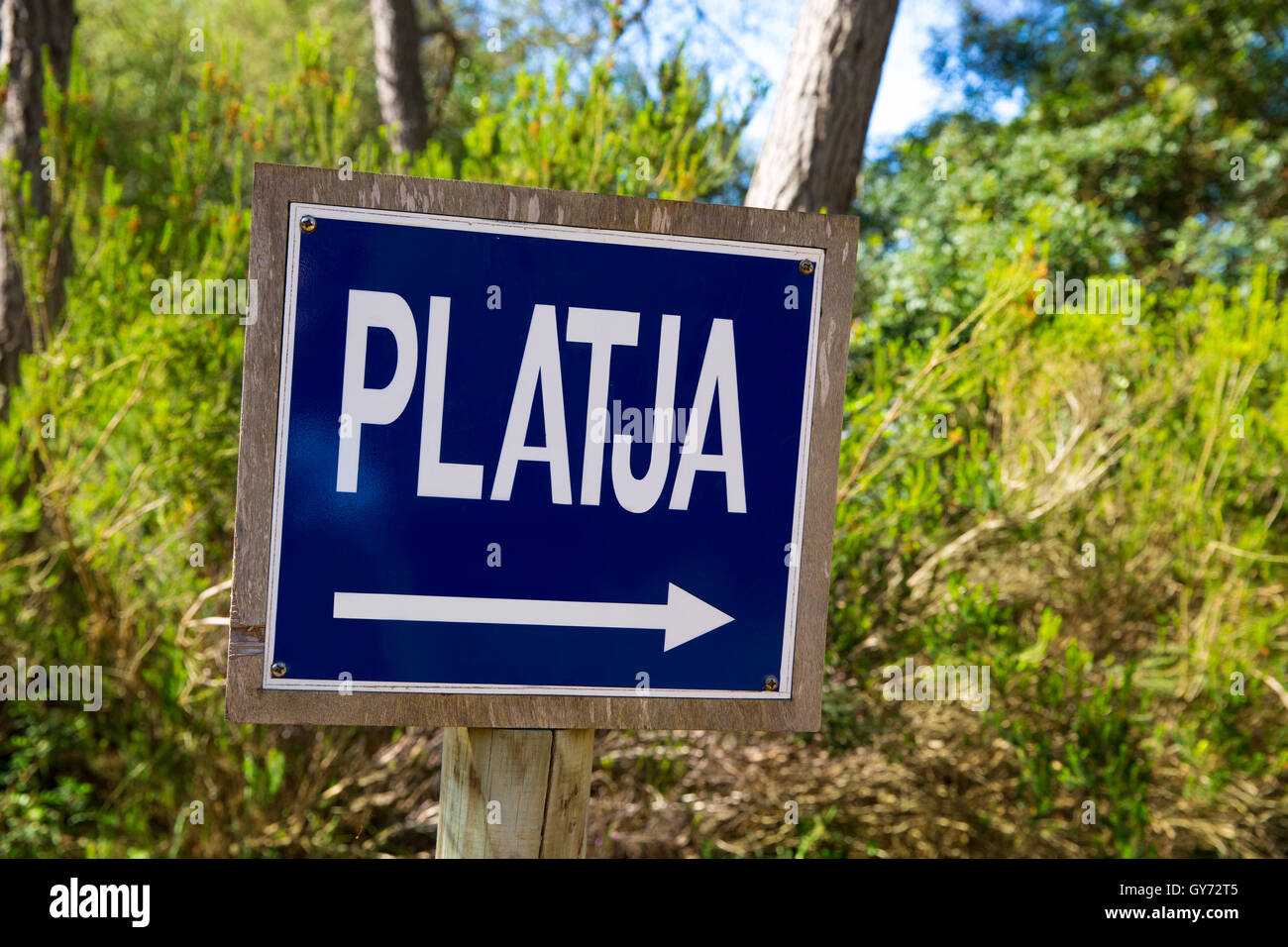 Menorca track blue sign with Platja or beach arrow Stock Photo - Alamy