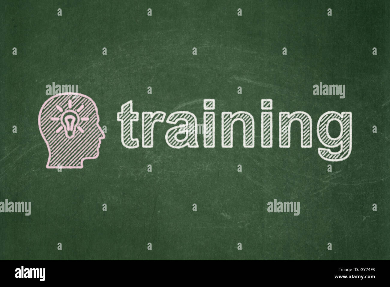 Education concept: Head With Light Bulb and Training on chalkboard ...