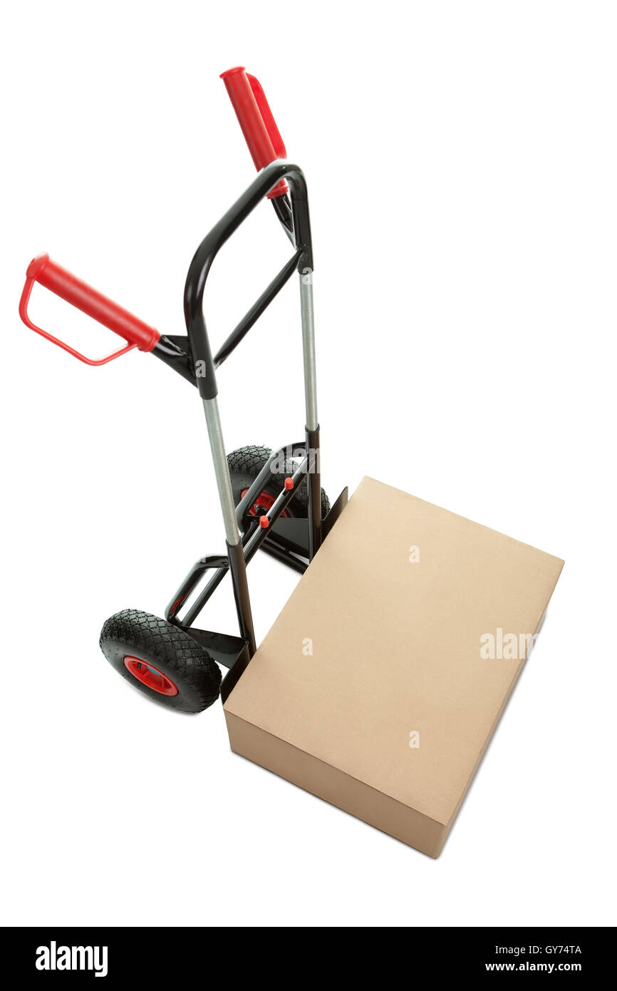 Brown cardboard box on hand truck Stock Photo - Alamy