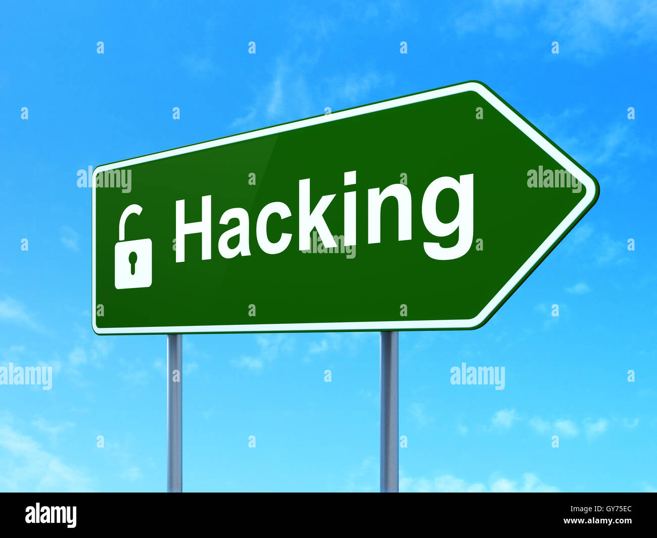 Protection concept: Hacking and Opened Padlock on road sign background ...