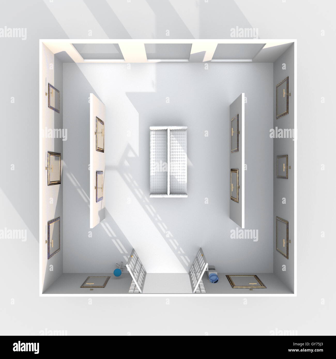 3d interior rendering plan view of furnished museum with pictures on ...