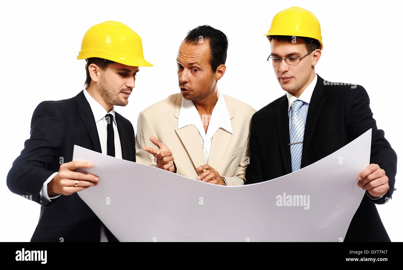 Construction team at business meeting. Studio shot, white background ...