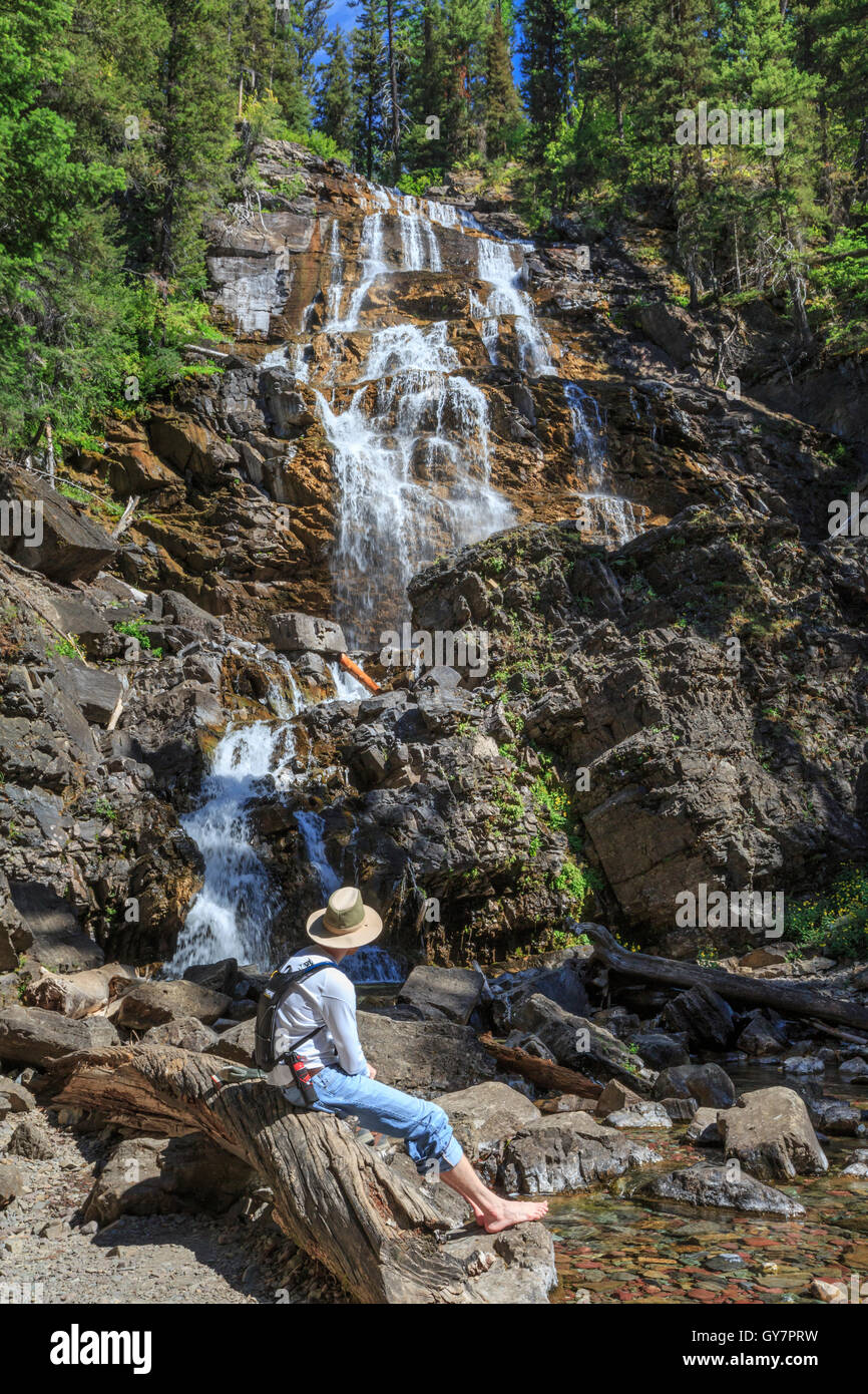 hiker relaxing below morrell falls in lolo national forest near seeley ...