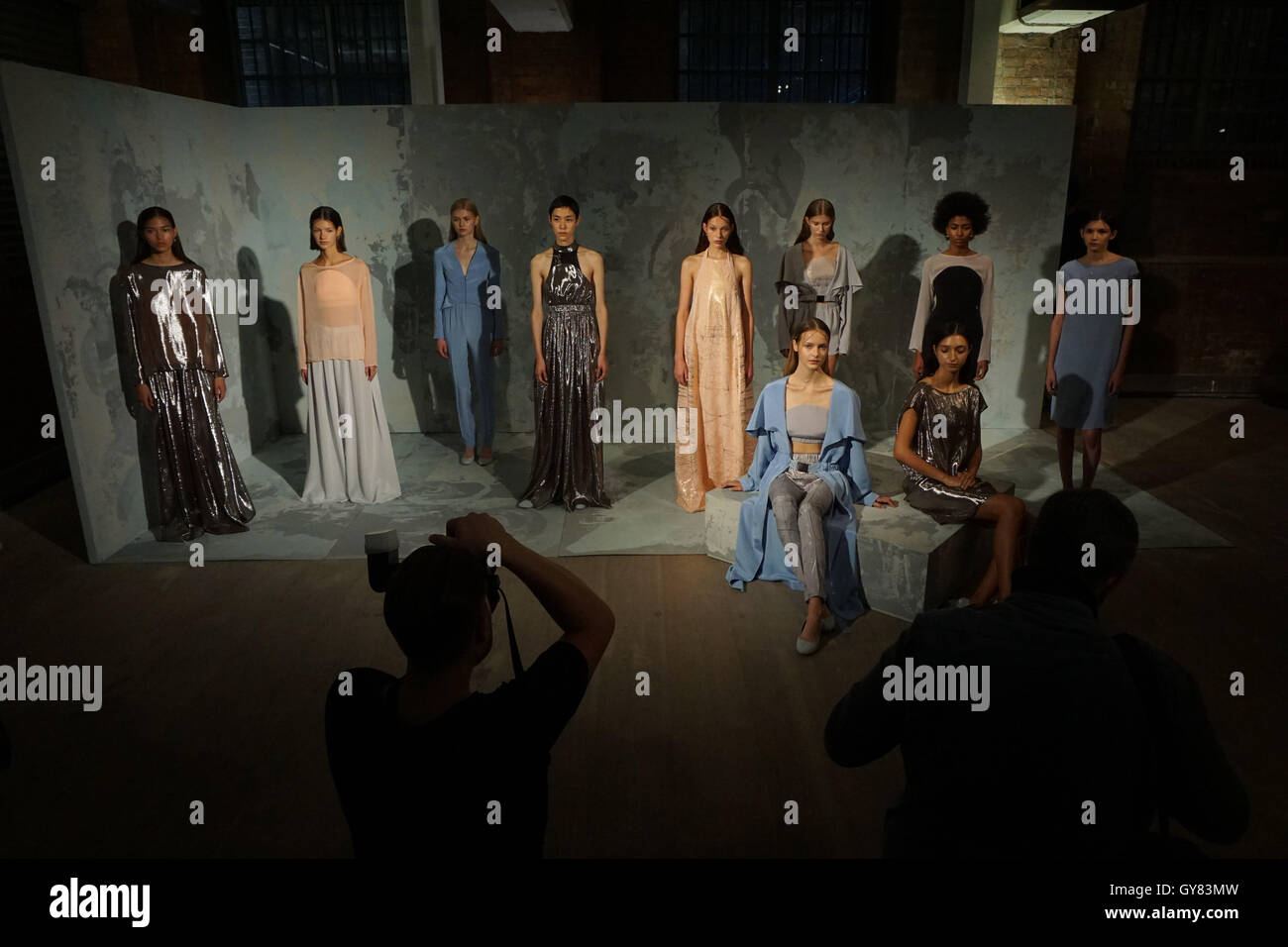 London, UK. 17th Sept, 2016: Model wearing Milo Maria Spring Summer ...