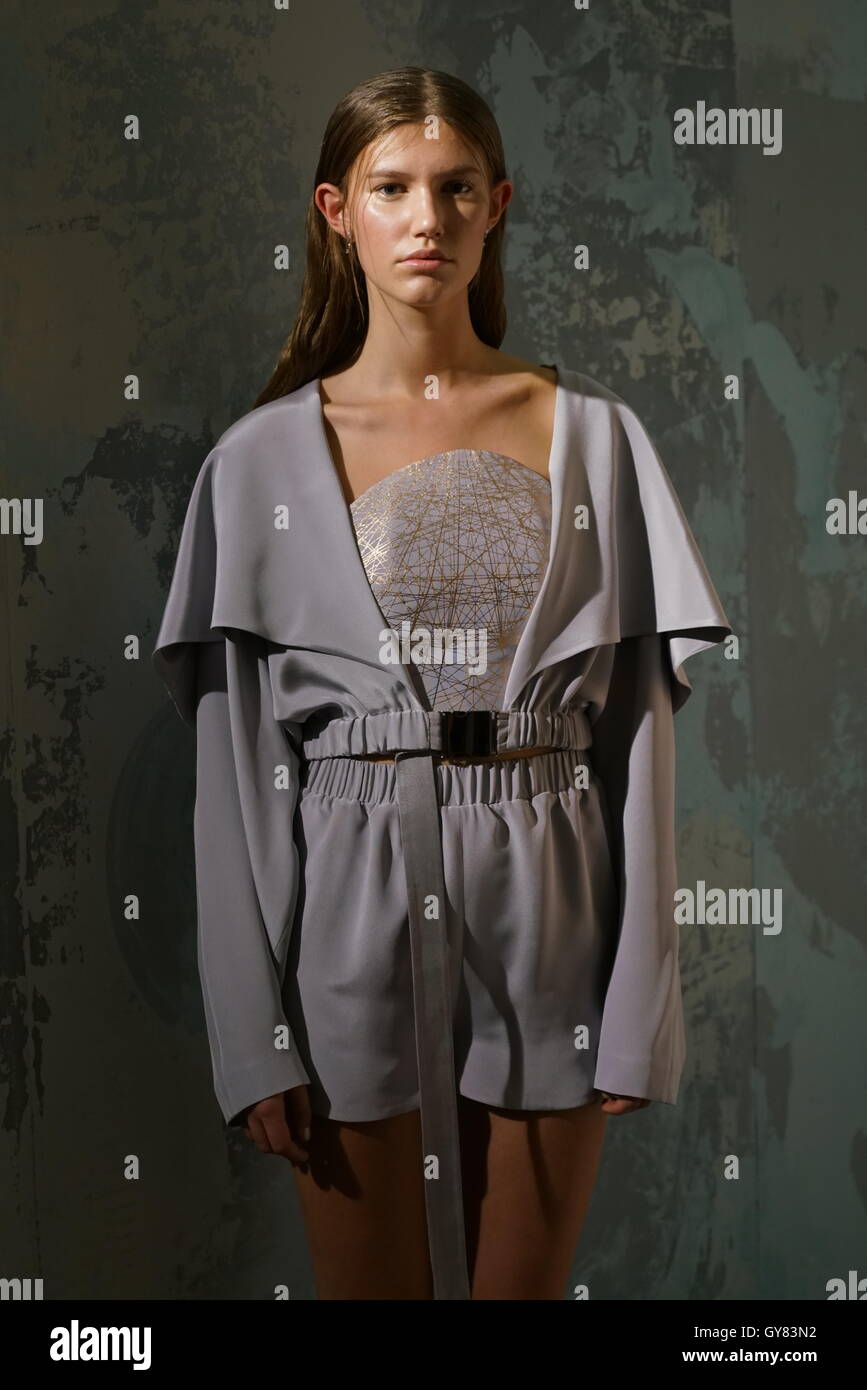 London, UK. 17th Sept, 2016: Model wearing Milo Maria Spring Summer ...