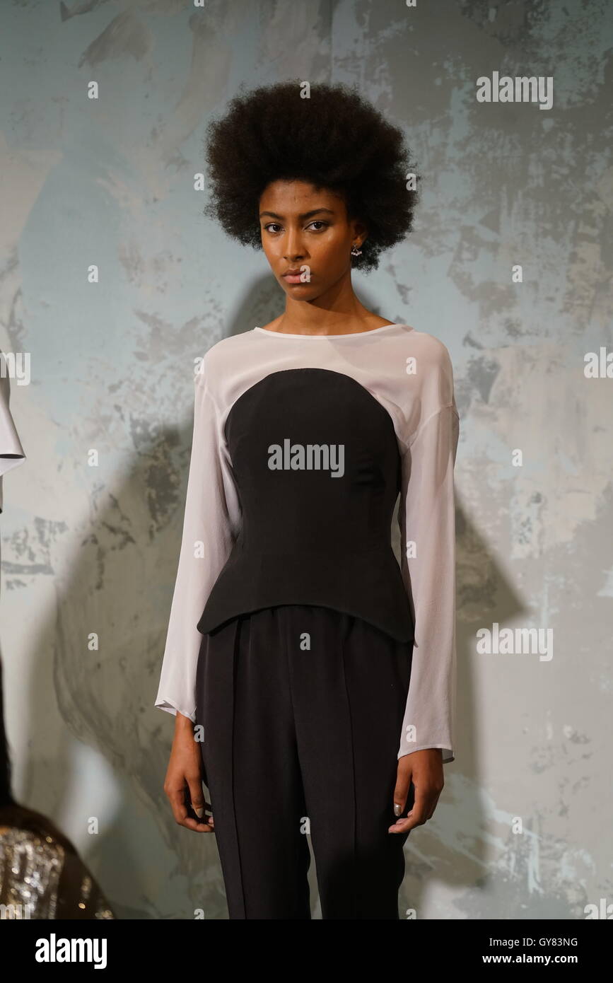 London, UK. 17th Sept, 2016: Model wearing Milo Maria Spring Summer ...