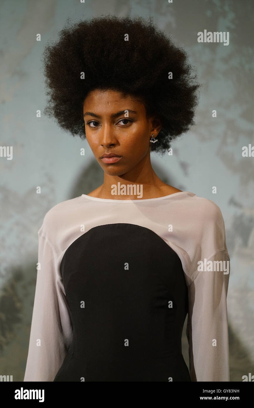 London, UK. 17th Sept, 2016: Model wearing Milo Maria Spring Summer ...