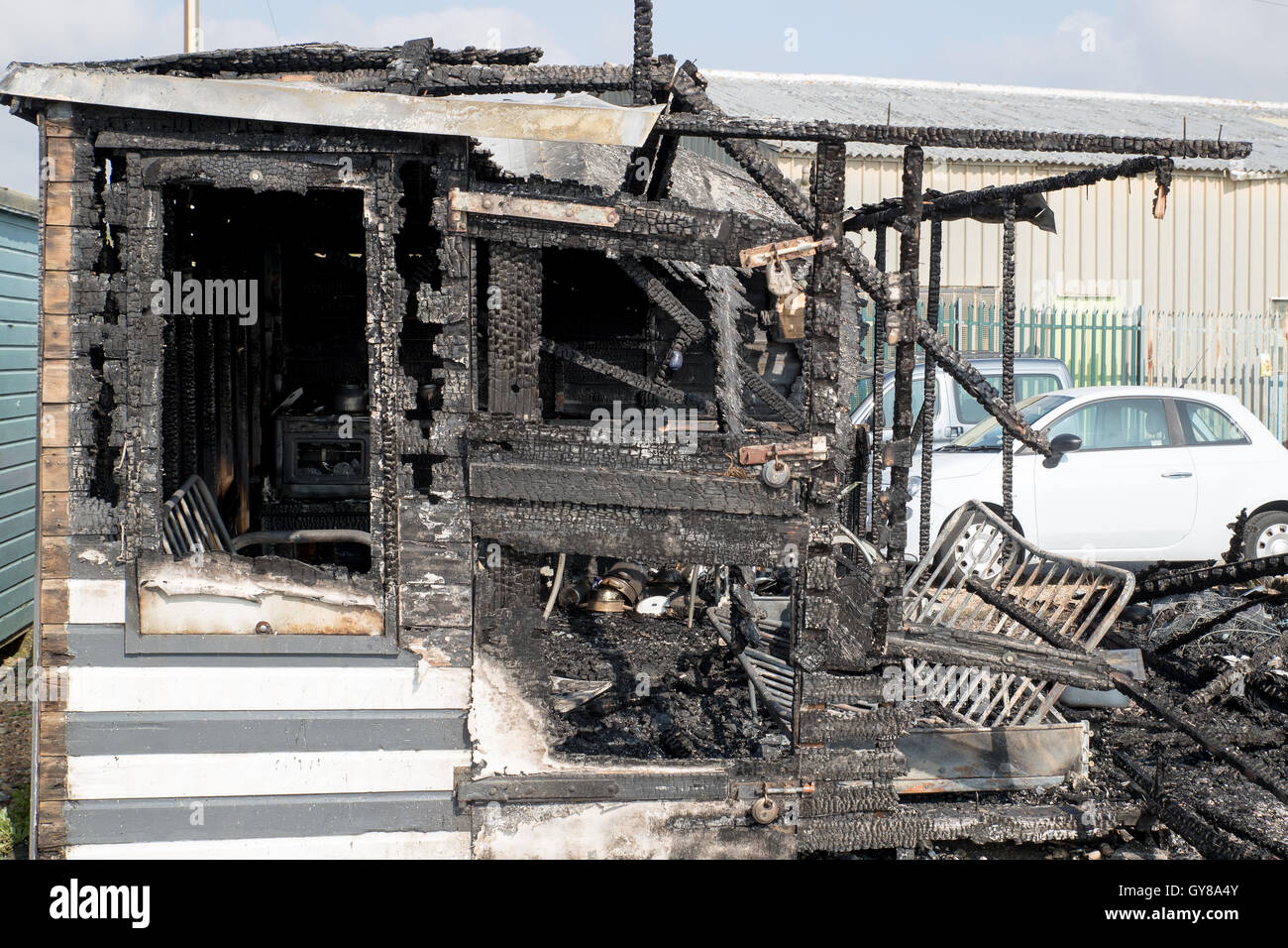 Hastings, England. 18th Sept, 2016.Three Beach Huts burnt to the ground ...