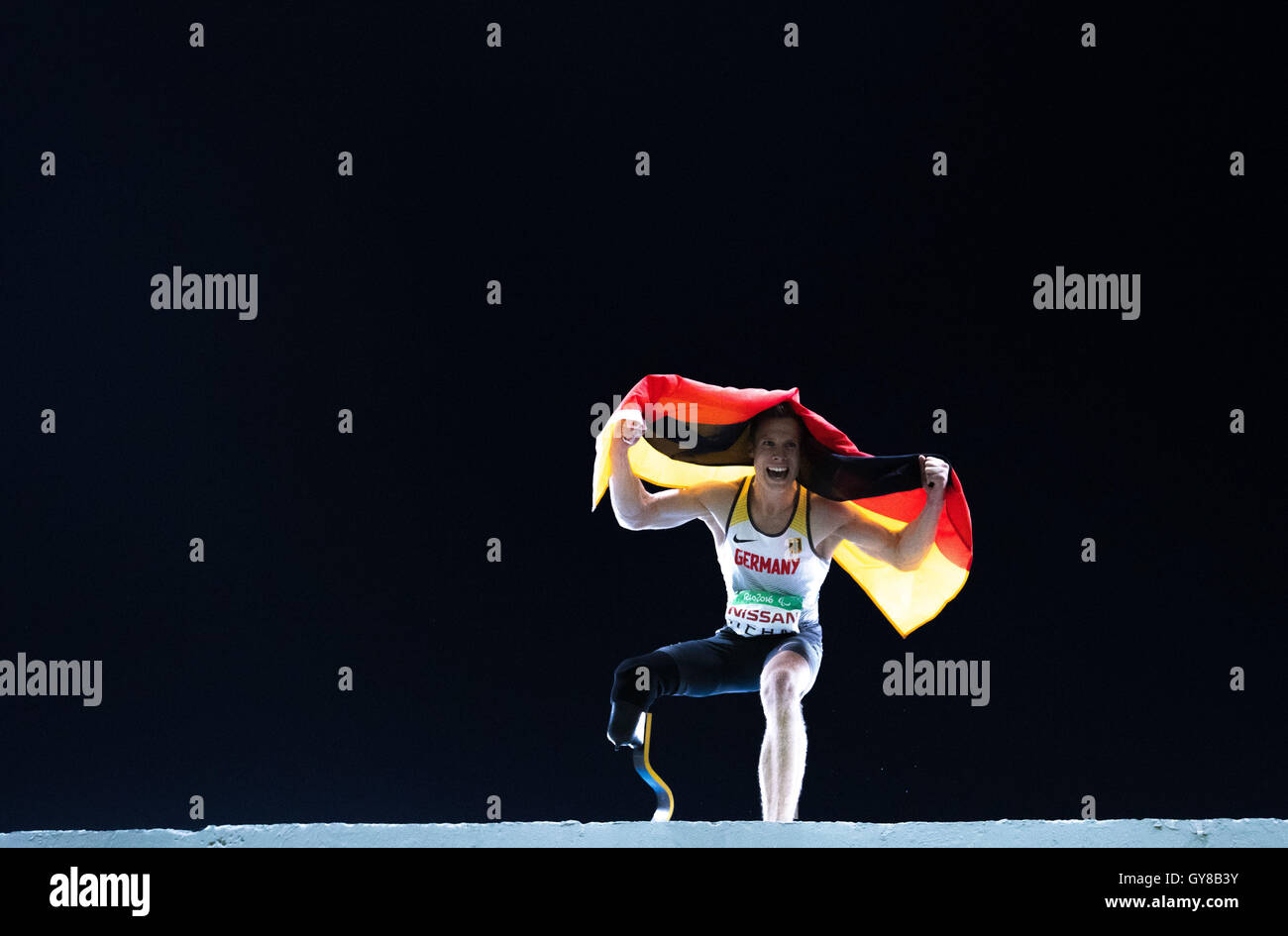 Rio De Janeiro, Brazil. 17th Sept, 2016.Markus Rehm of Germany reacts ...