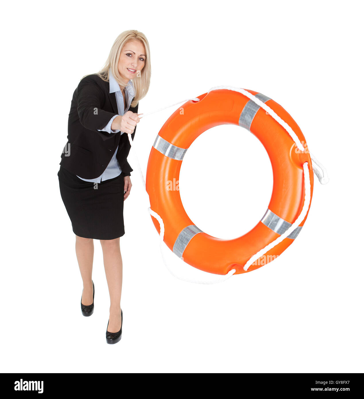 Beautiful businesswoman throwing life buoy Stock Photo - Alamy