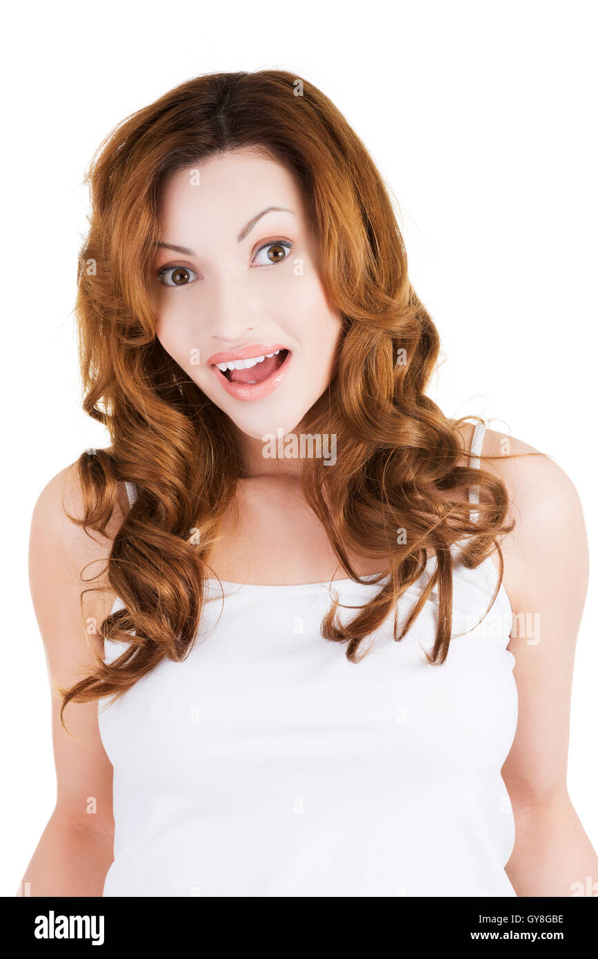 Suprised woman in white Stock Photo - Alamy
