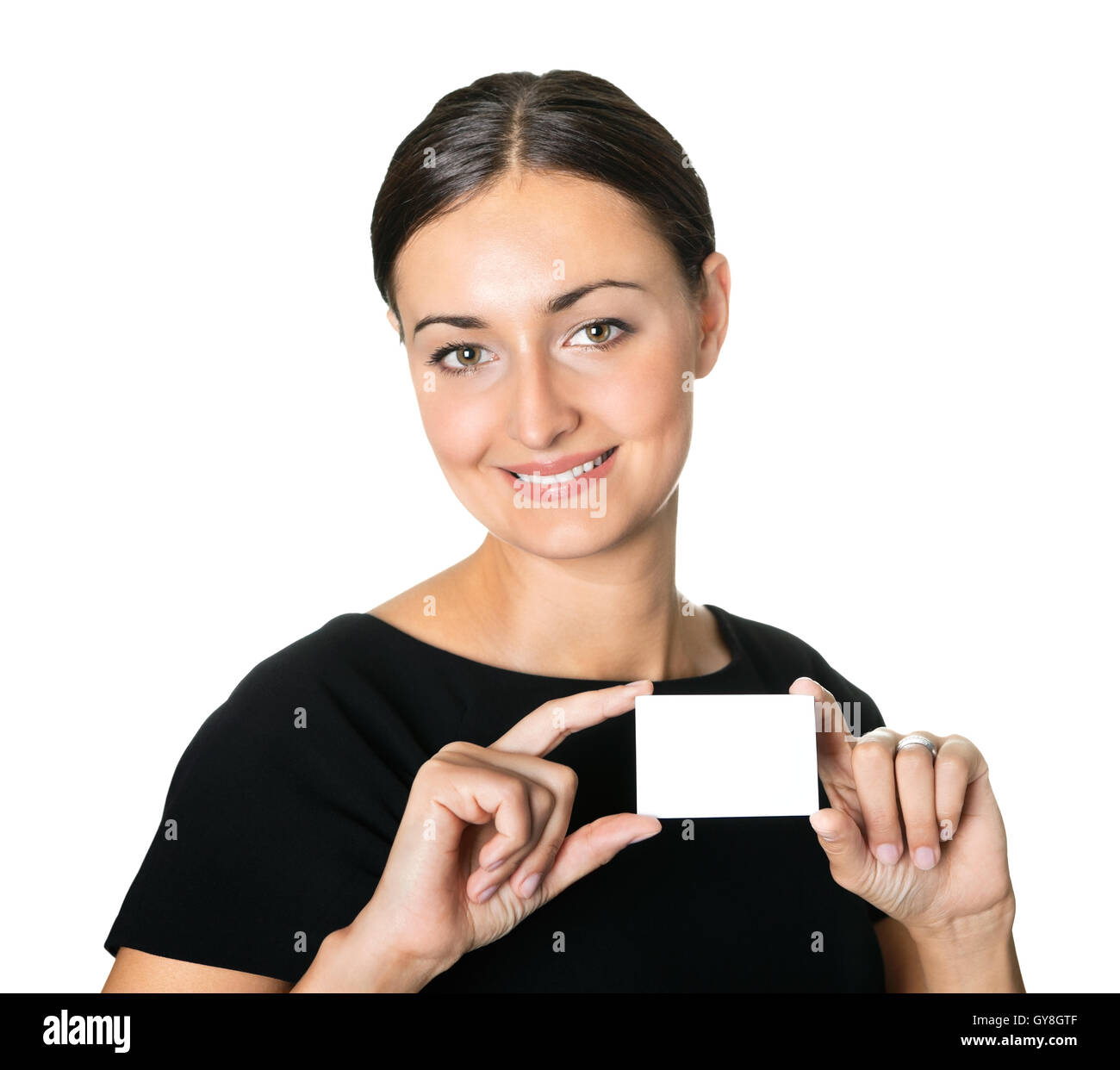 Young beautiful woman presenting her business card Stock Photo - Alamy