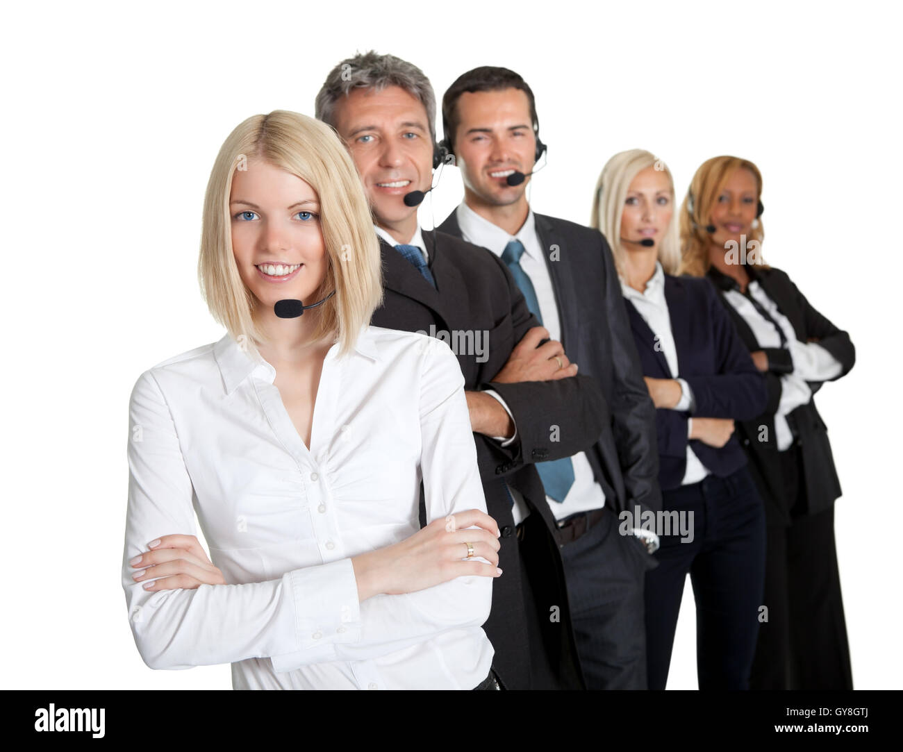 Positive customer service representatives on white Stock Photo - Alamy