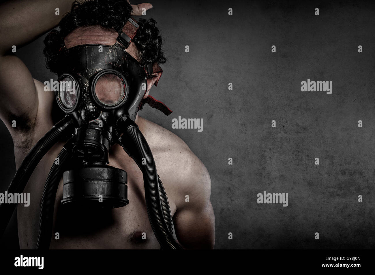 Pollution, nuclear disaster, man with gas mask, protection Stock Photo ...