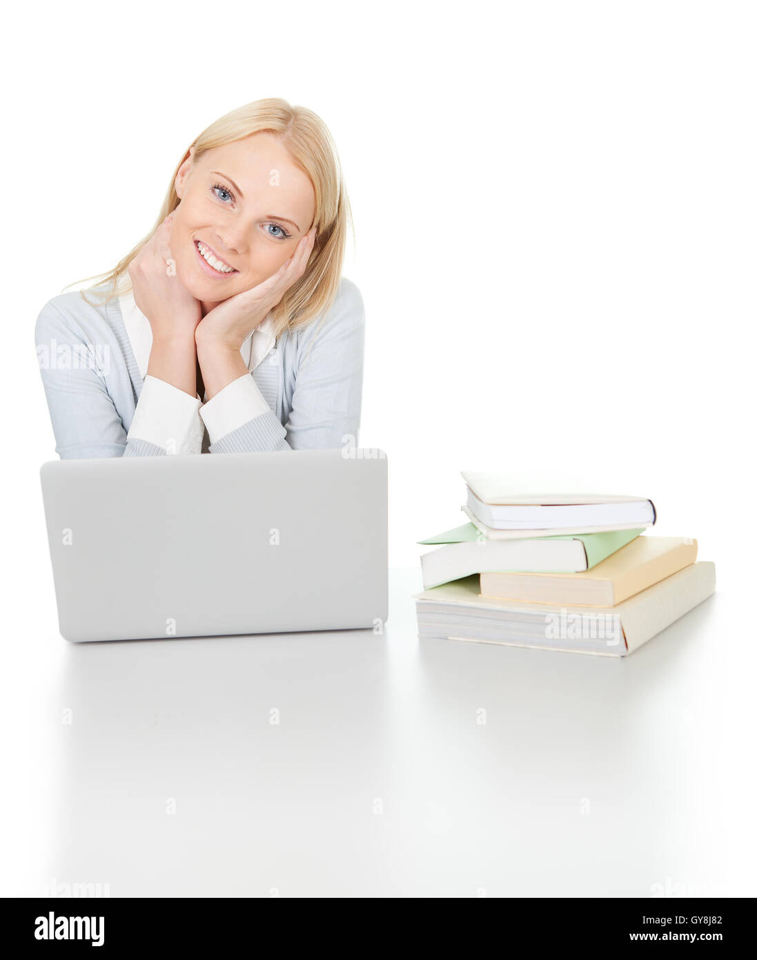 Beautiful student girl studying with laptop Stock Photo - Alamy