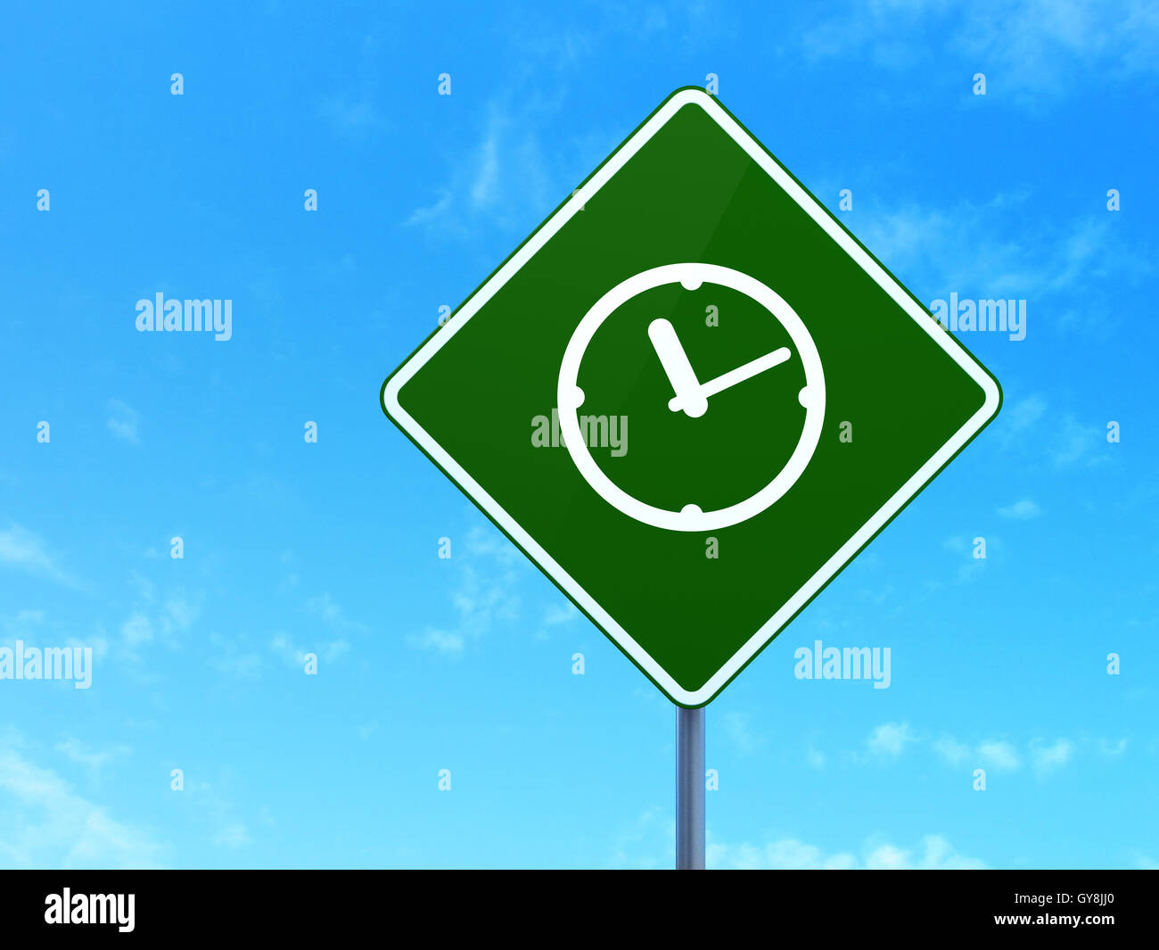 Timeline concept: Clock on road sign background Stock Photo - Alamy