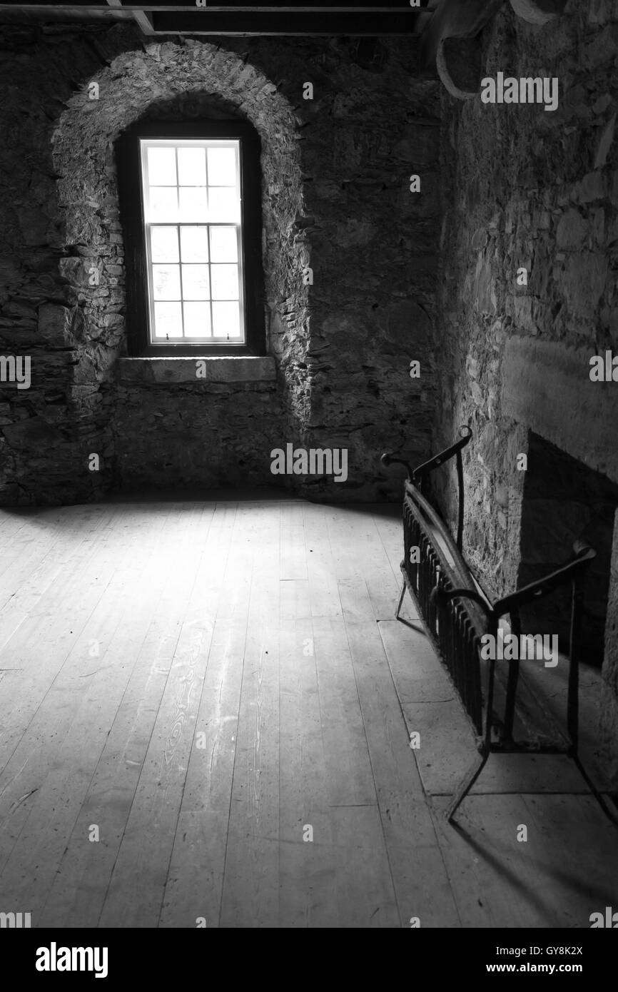 Interior design, old fireplace inside medieval castle lounge. Image ...