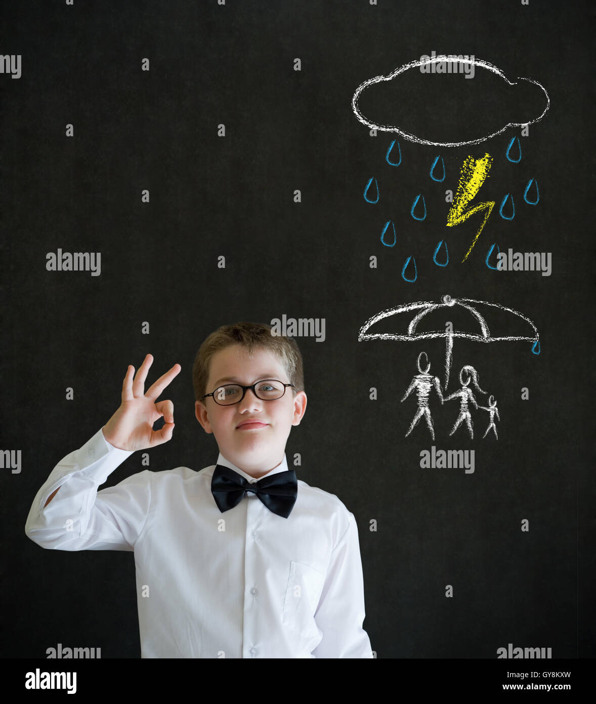 Thinking boy business man thinking about protecting family from natural ...