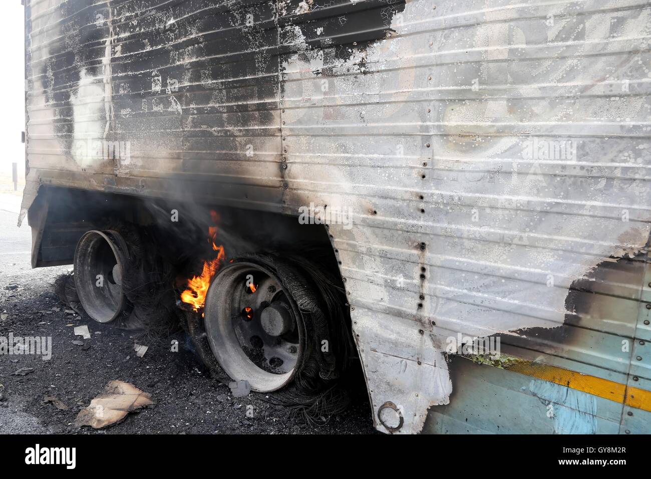 Burning Truck Wheels Accident Stock Photo - Alamy