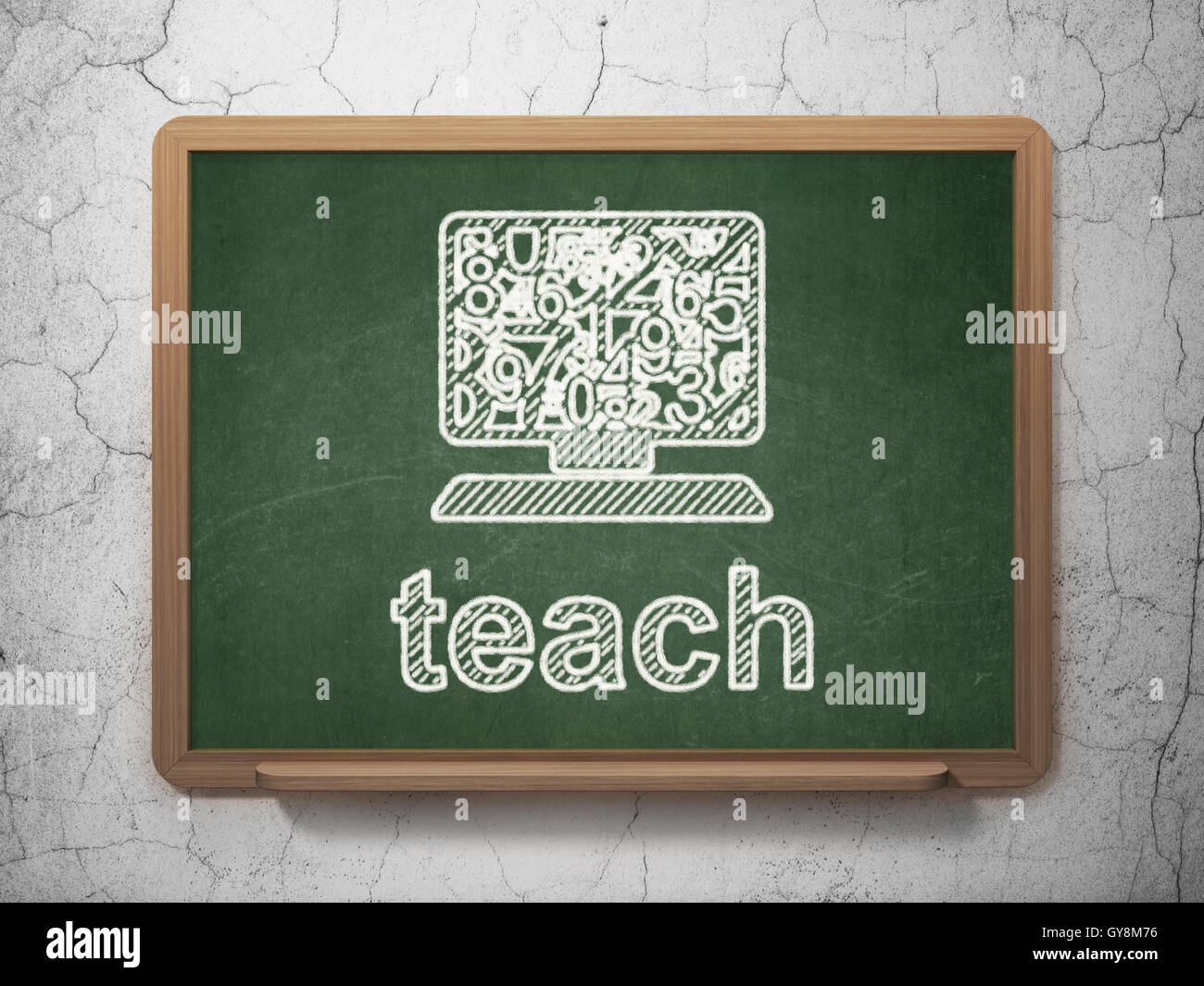 Education concept: Computer Pc and Teach on chalkboard background Stock ...