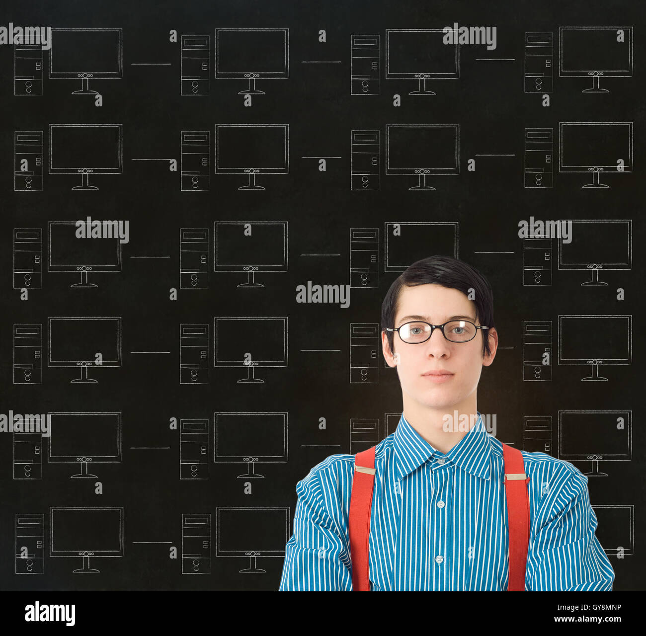 Nerd geek businessman with chalk computer network background Stock ...