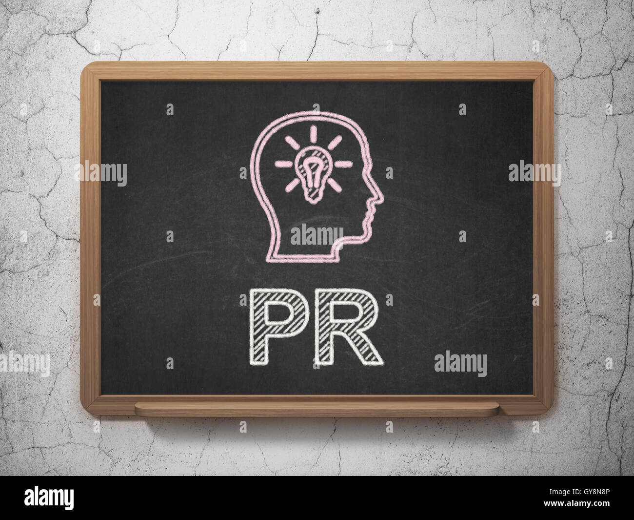 Advertising concept: Head With Lightbulb and PR on chalkboard ...