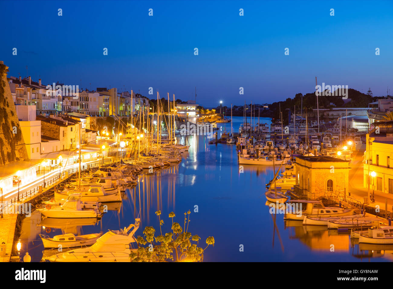 Ciutadella Menorca marina Port sunset town hall and cathedral Stock ...
