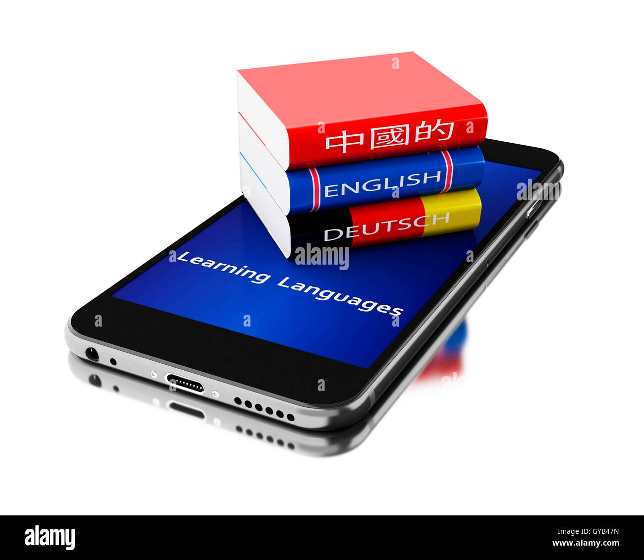 3d Illustration. Smartphone with textbooks. Learning languages ...