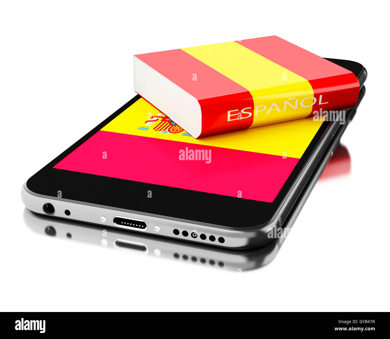 3d Illustration. Smartphone with spain book. Learning languages ...