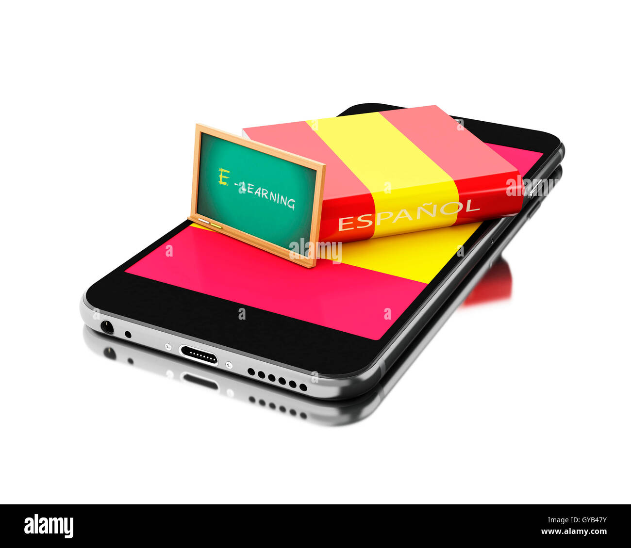 3d Illustration. Smartphone with spain book. Learning languages ...