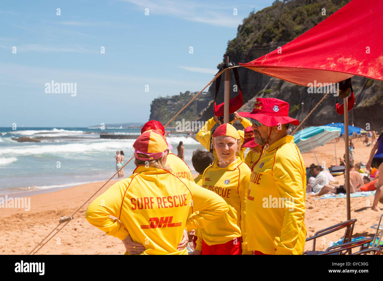 Surf rescue lifeguard volunteers on Sydney's Bilgola Beach, New South ...