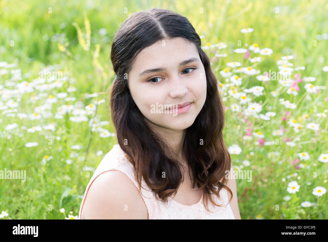 Portrait of cute girl with hairstyle of long hair on the outside Stock ...