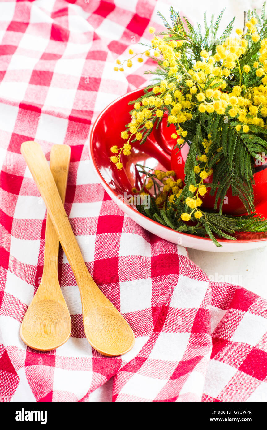 Spring festive dining table setting with yellow mimosa flowers Stock ... Spring festive dining table setting with yellow mimosa flowers Stock ...