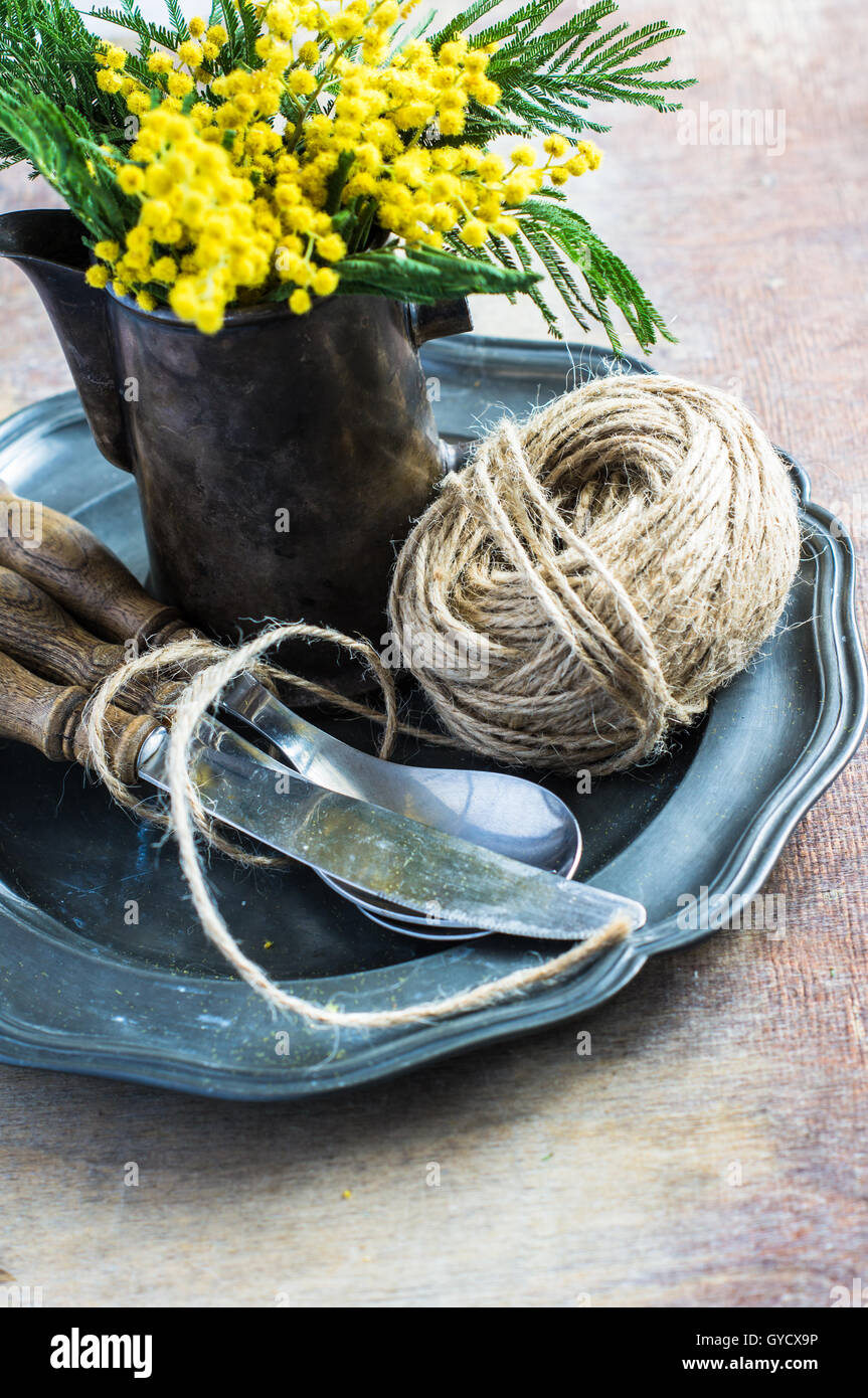 Table setting with mimosa flowers Stock Photo - Alamy