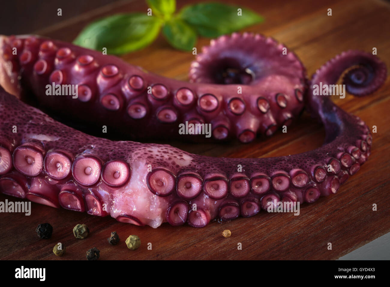 Delicious cooked octopus tentacles on a chopping board Stock Photo - Alamy