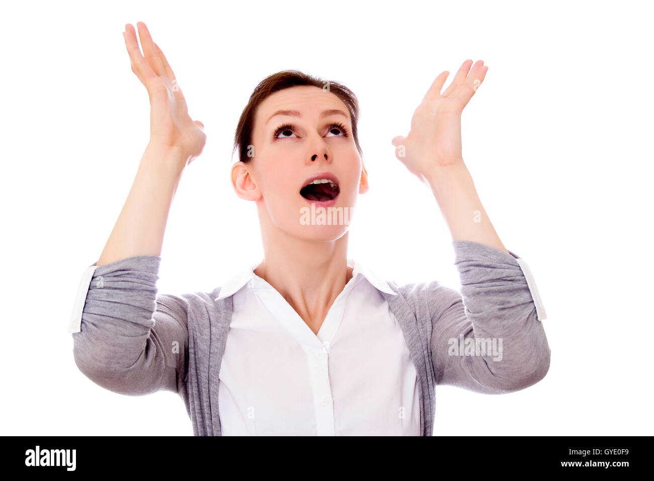 Young beautiful (nice, pretty) woman (girl, lady, female) with hands up ...