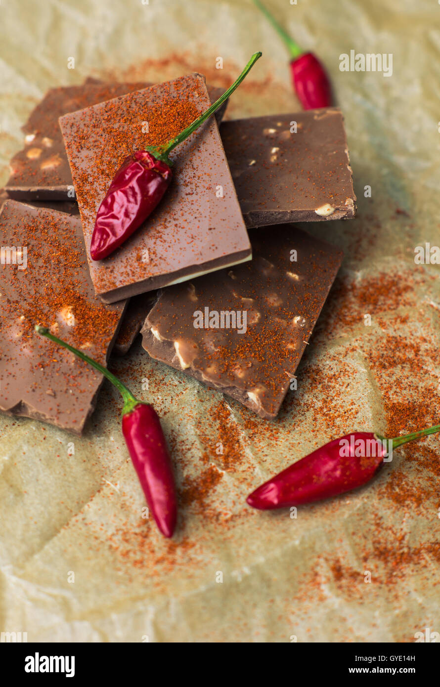Spice red chilli peppers and chocolate, selective focus Stock Photo - Alamy