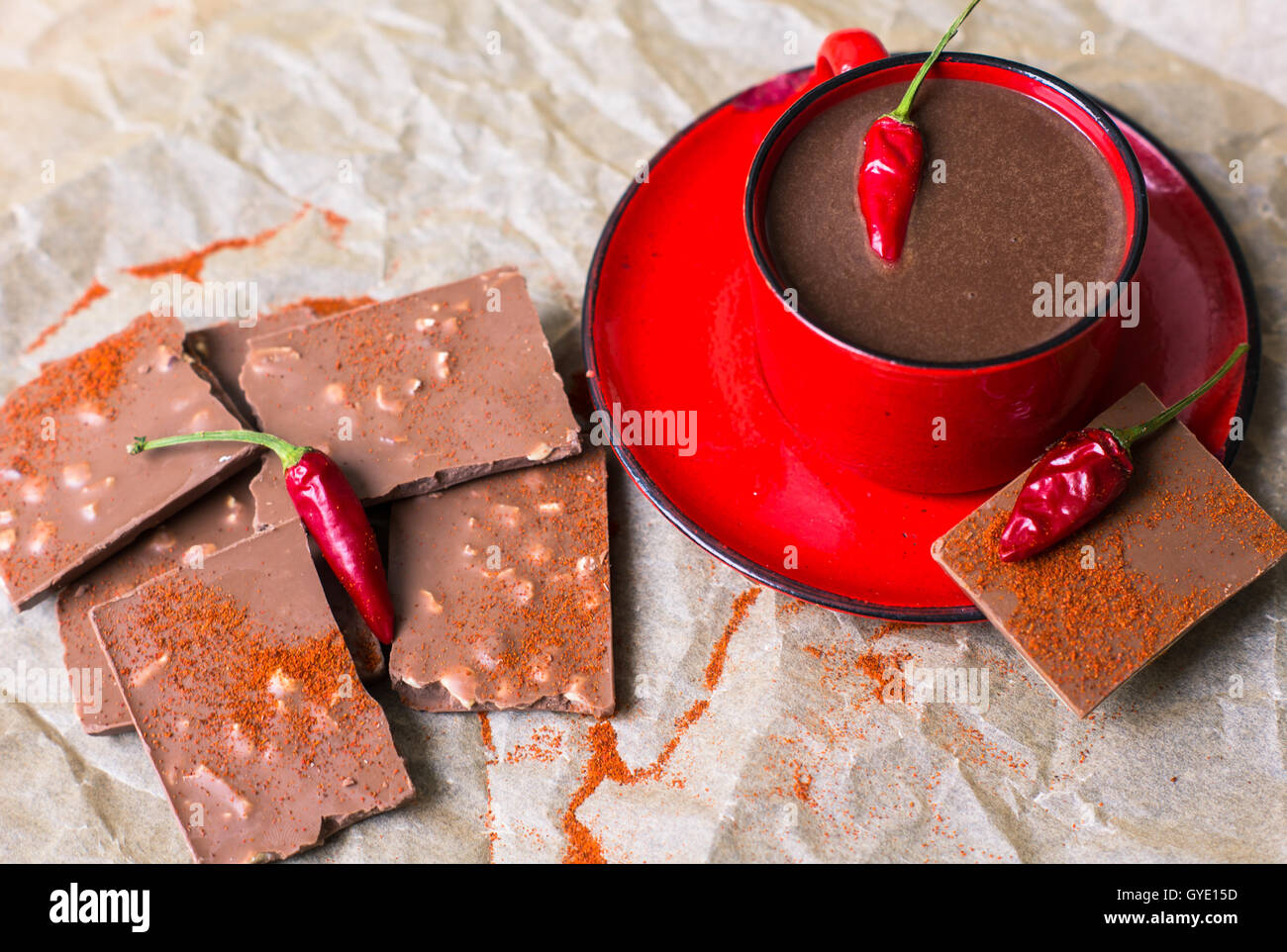 Red cup of hot chocolate with red pepper, selective focus Stock Photo ...