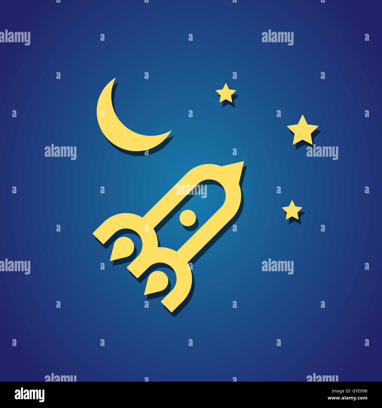 rocket flying on moon star sky background symbol vector illustration ...