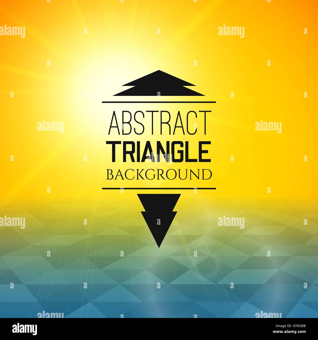 Abstract yellow sunset with blue triangle field, perspetive pattern in ...