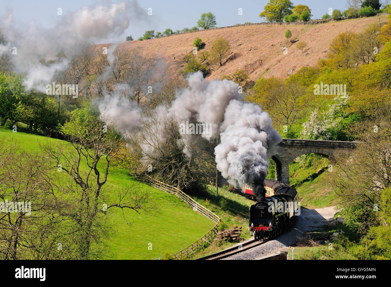 Steam train on the North Yorkshire Moors Railway, climbing the steep ...