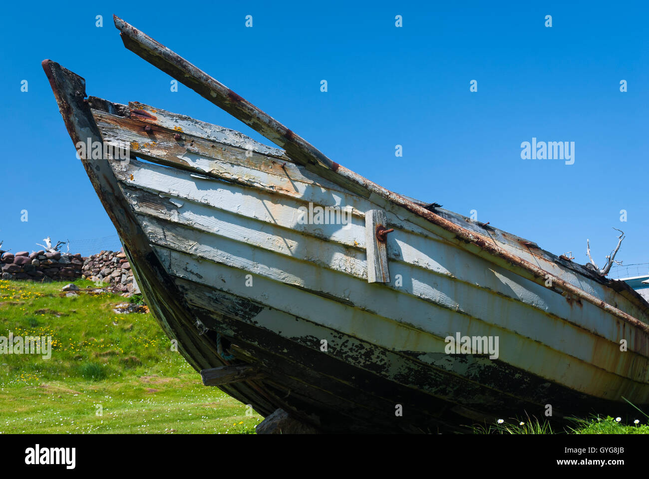 An old Salmon fishing boat at the small crofting village of Clachtoll ...