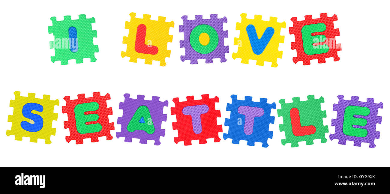Message I Love Seattle, from letters puzzle, isolated on white ...