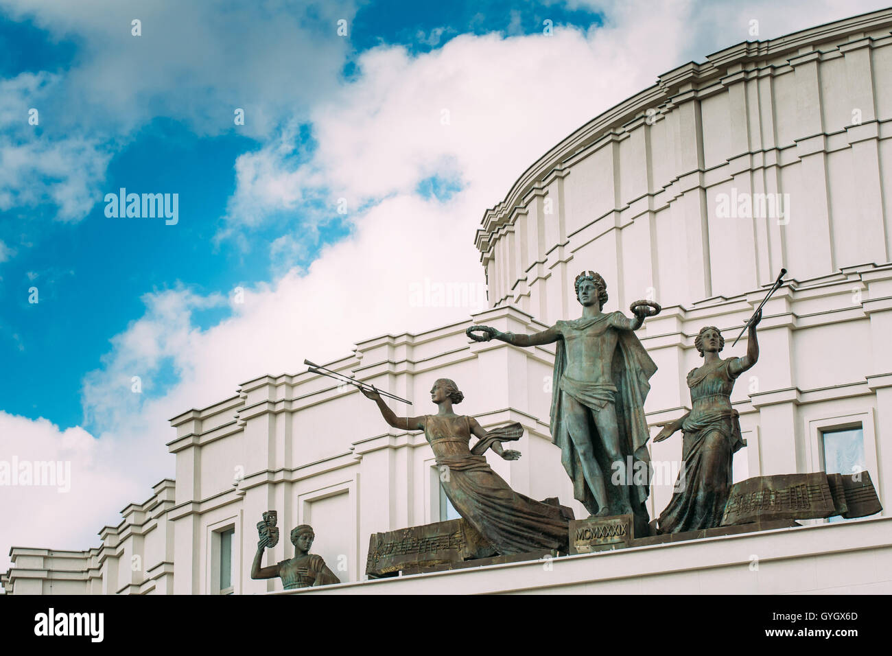 Minsk, Belarus - August 27, 2014: Statues On Facade Of The National ...