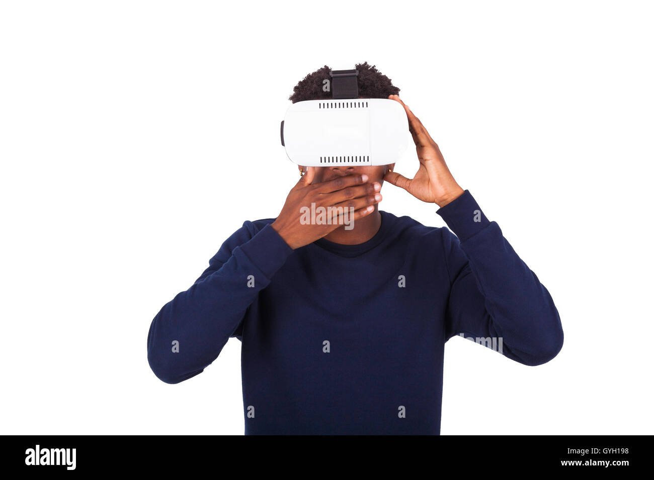 African American young man wearing vr virtual reality headset over ...