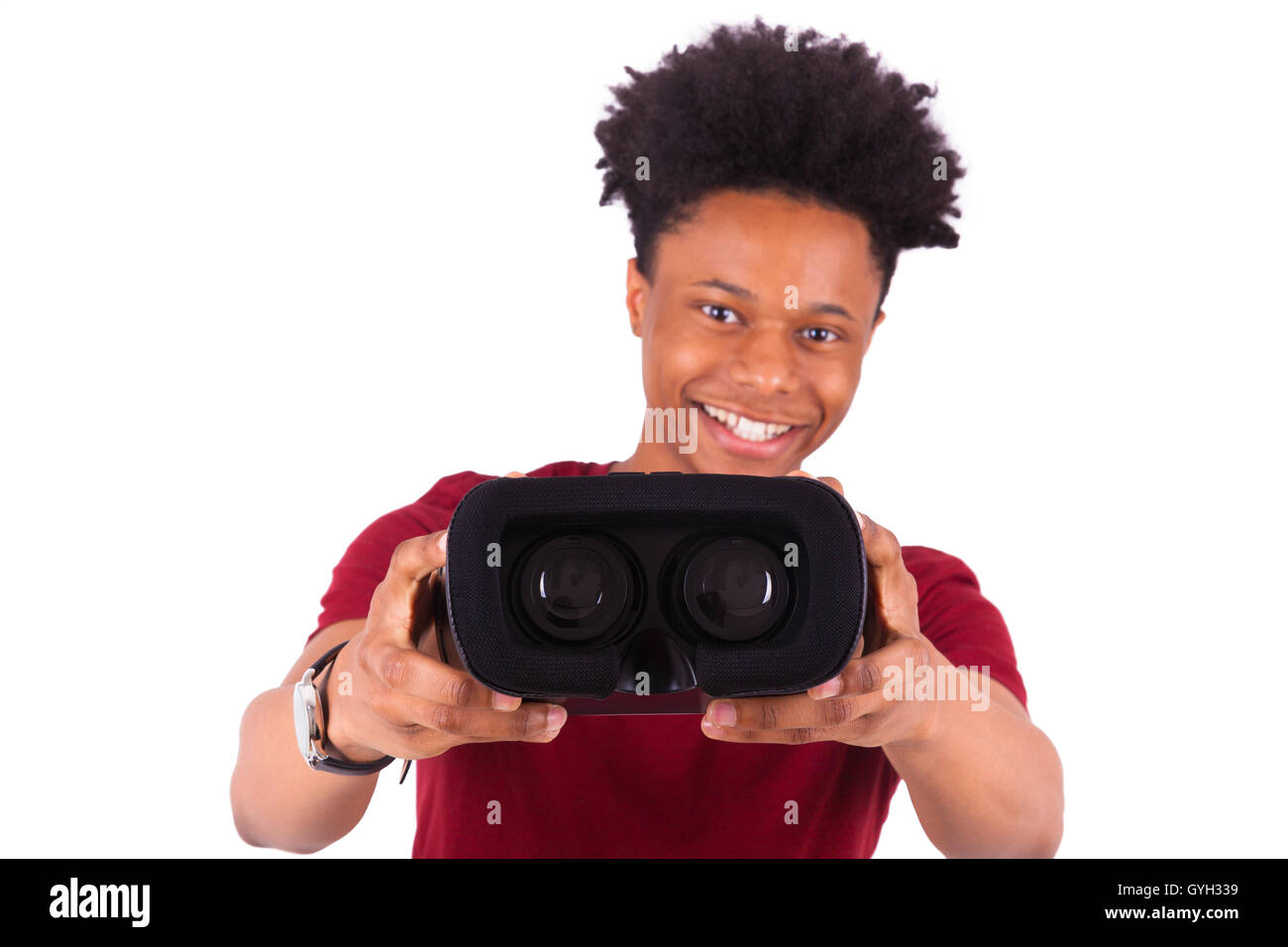 African American young man giving a vr virtual reality headset over ...