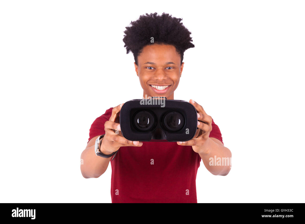 African American young man giving a vr virtual reality headset over ...