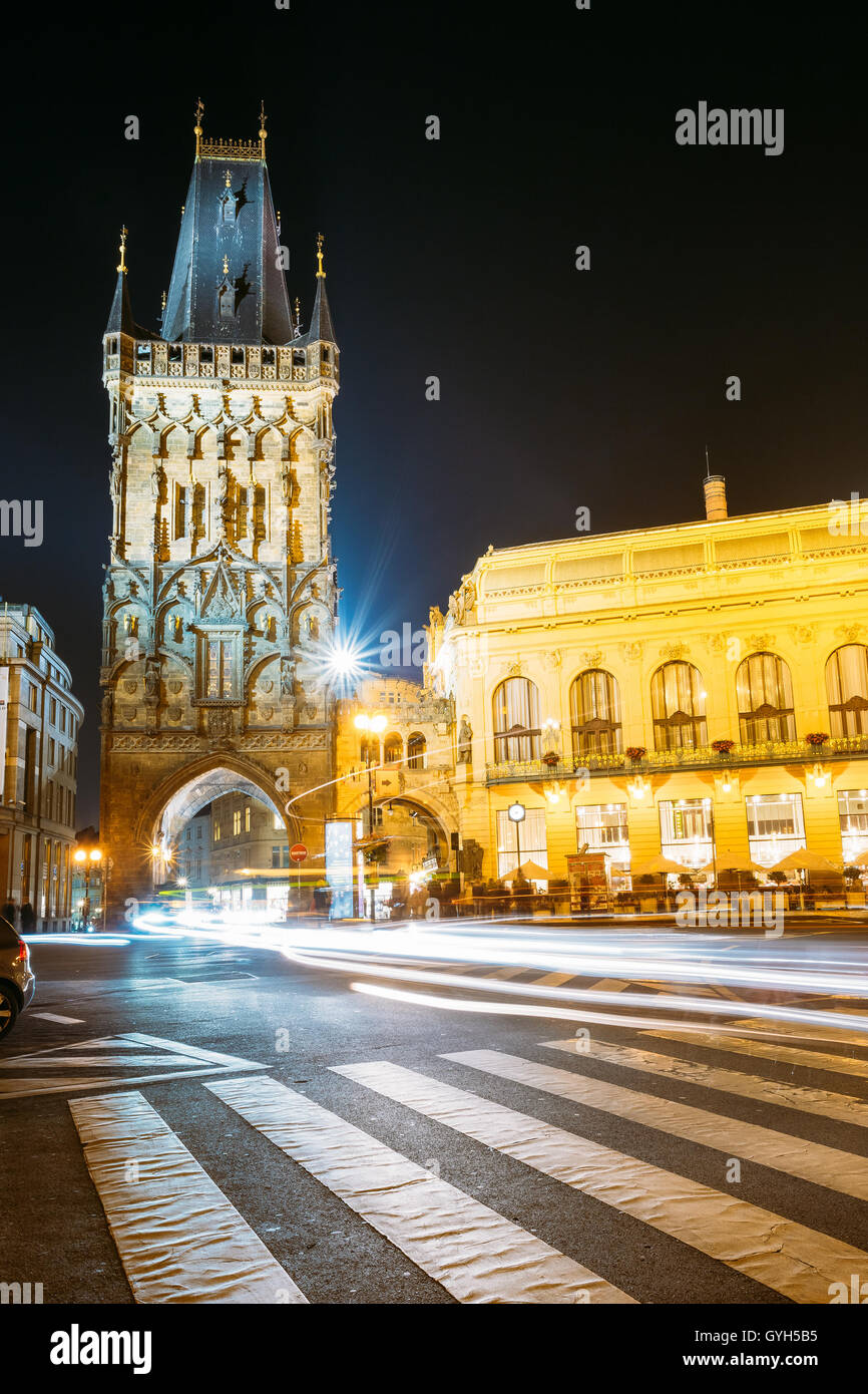 Night view of the Powder Tower or Powder Gate. This landmark is a ...