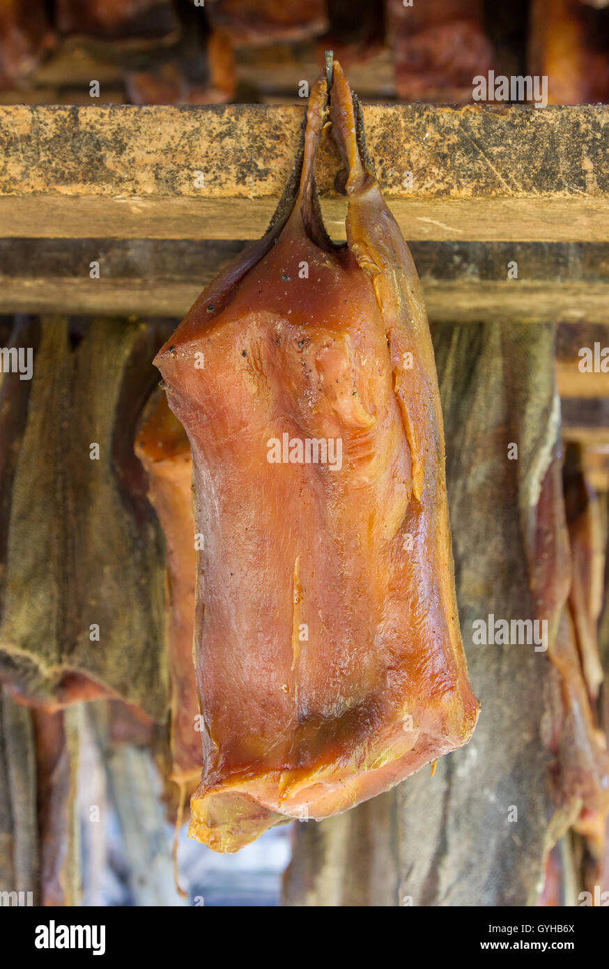 Iceland's fermented shark at Bjarnarhofn Shark Museum (drying house ...