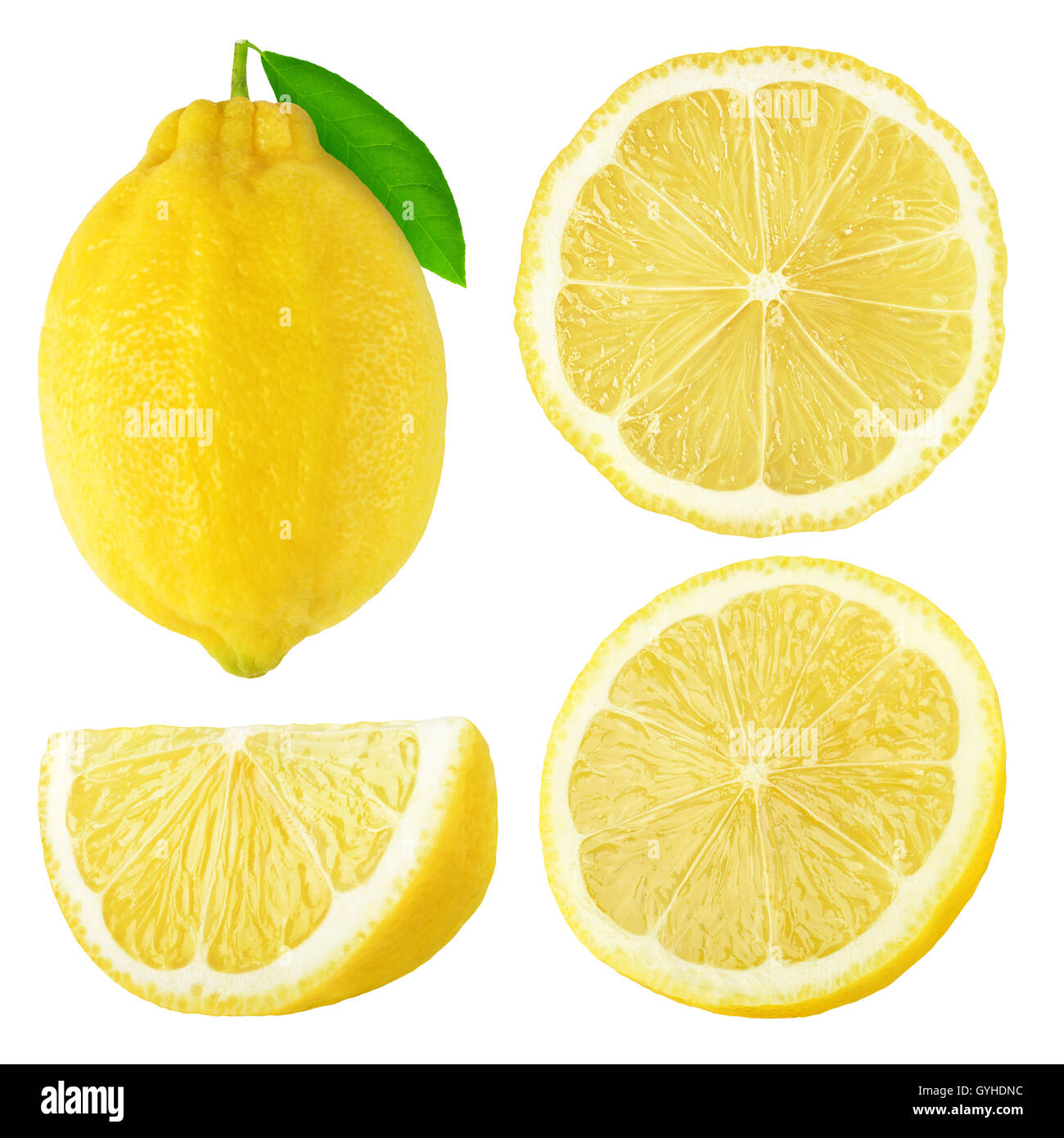 Isolated lemons. Whole and cut lemon fruits isolated on white ...
